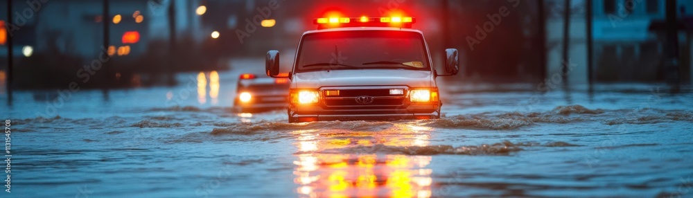 Emergency vehicles navigating flooded roads at night with flashing ...