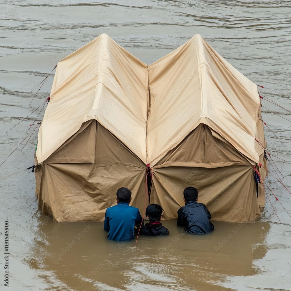 Families camping on higher ground with improvised tents, flood disaster ...