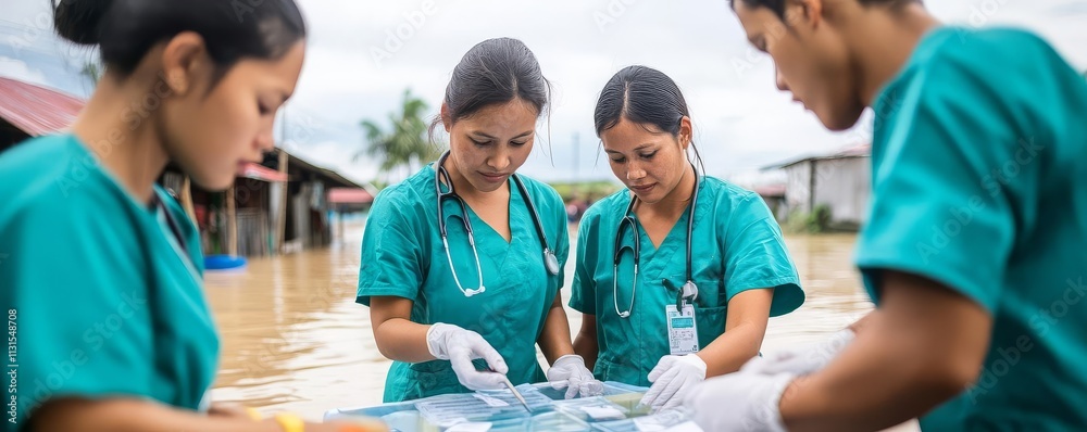 Medical team setting up an emergency clinic in a flood-affected area ...