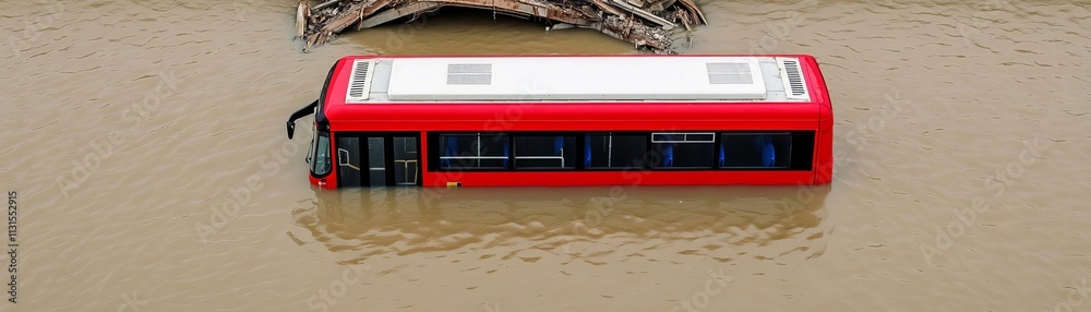 Submerged public transport bus in floodwater near a collapsed bridge ...