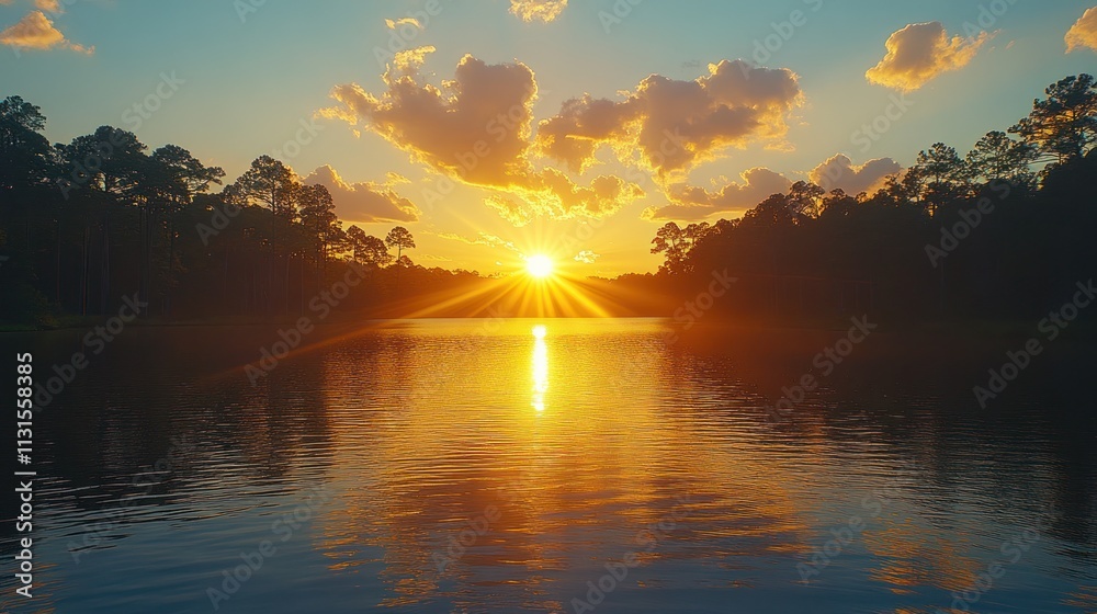 Bright sunlight streams across the lake as the day transitions into ...