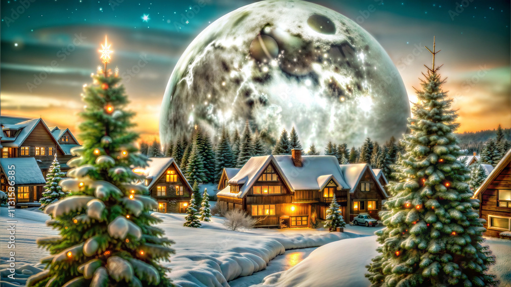 Winter village with cozy houses, serene mood under the full moon, snowy ...