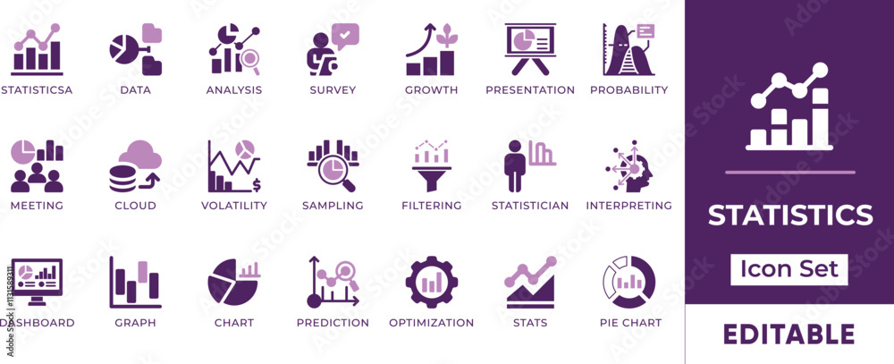 Statistics Icon Set. Features editable icons for statistics, data ...