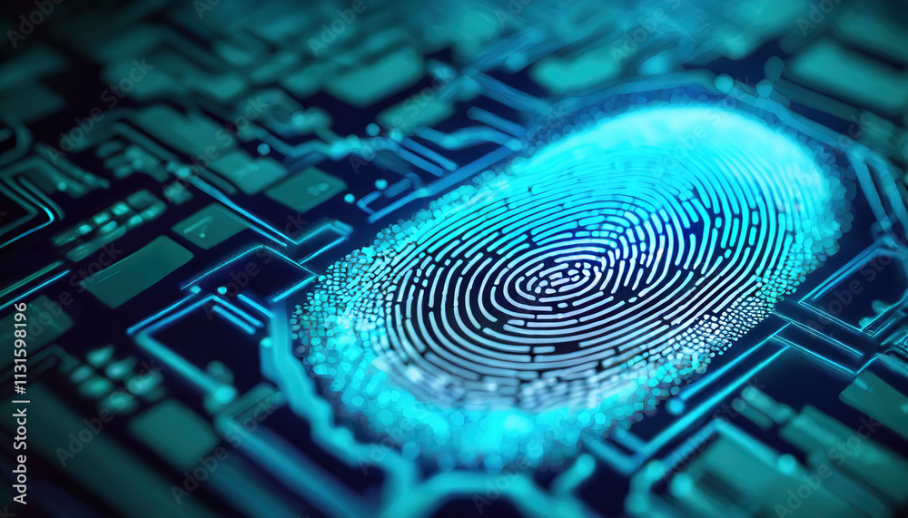 High-tech fingerprint scan with blue cyber patterns. The biometric ...