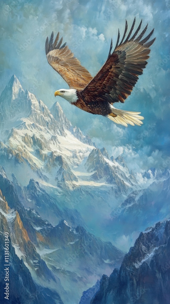 majestic eagle soaring above rugged mountain peaks, natural and powerful composition, bold and ...
