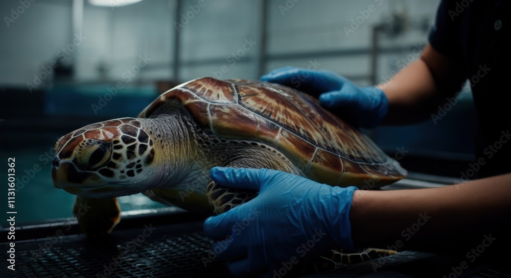 Conservationist handling sea turtle in rehabilitation center with care ...