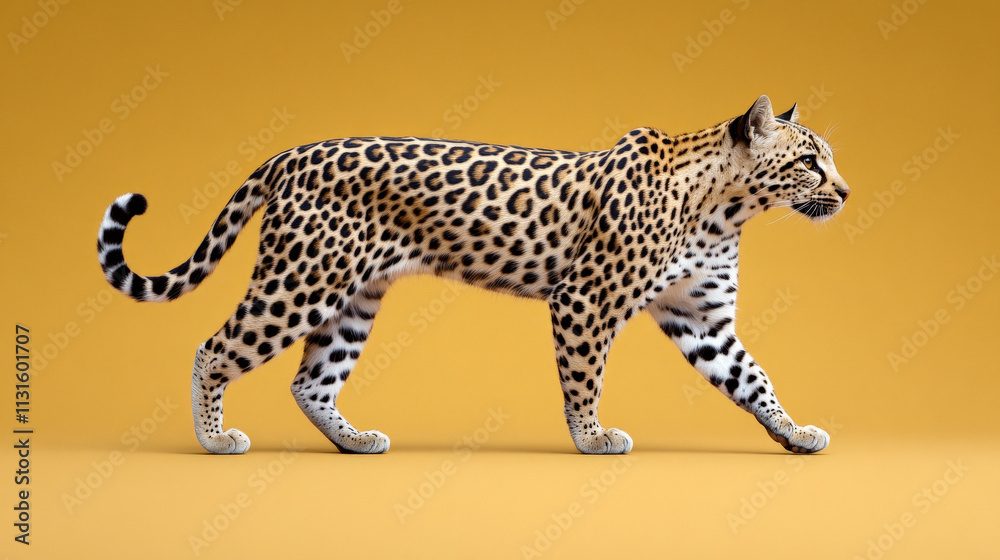Leopard in Motion: A majestic leopard strides across a vibrant yellow ...