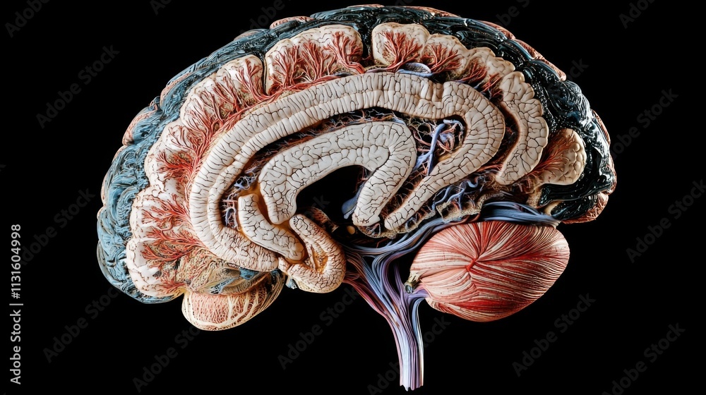 Ilustración de Stock Human brain in side view, intricate details of ...