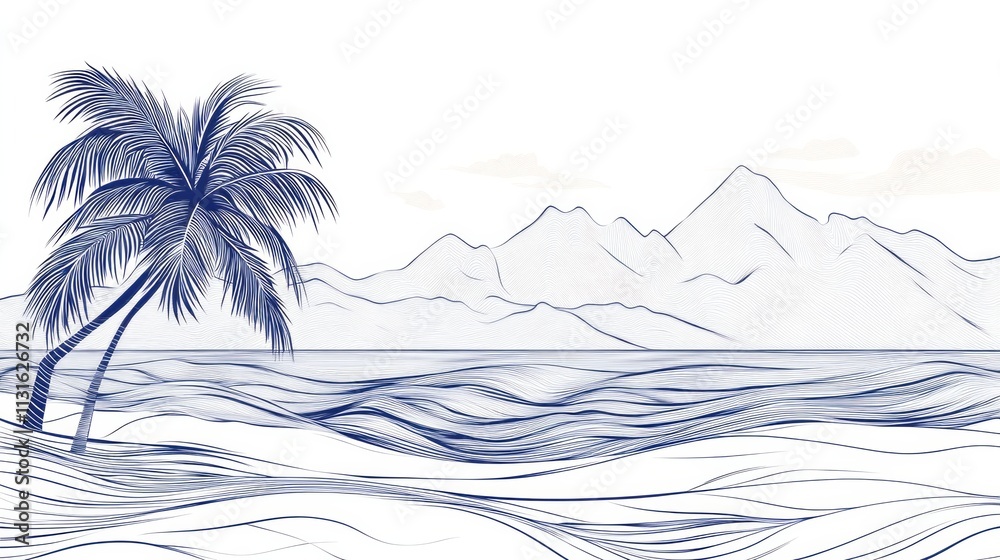 Tropics oasis island line drawing. Abstract tropical landscape ...