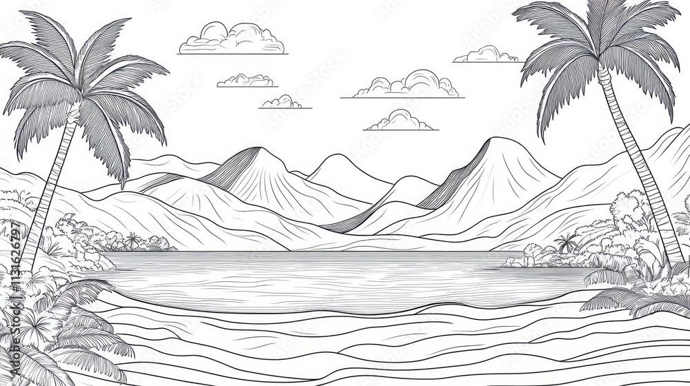 Tropics oasis island line drawing. Abstract tropical landscape ...