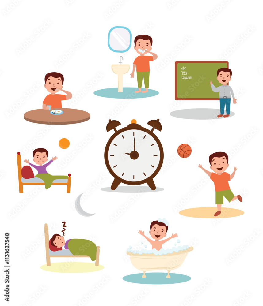 Daily routine vector illustration. Daily routine vector set, waking up ...