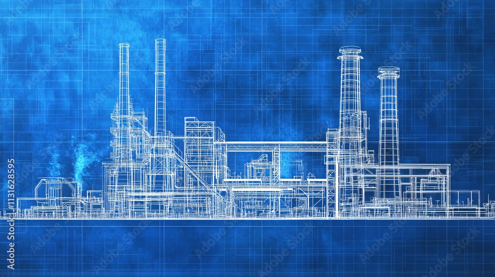 Blueprint-style line art of a futuristic waste-to-energy plant ...