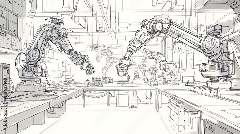 Line drawing of an advanced robotics lab, with robotic arms and human ...