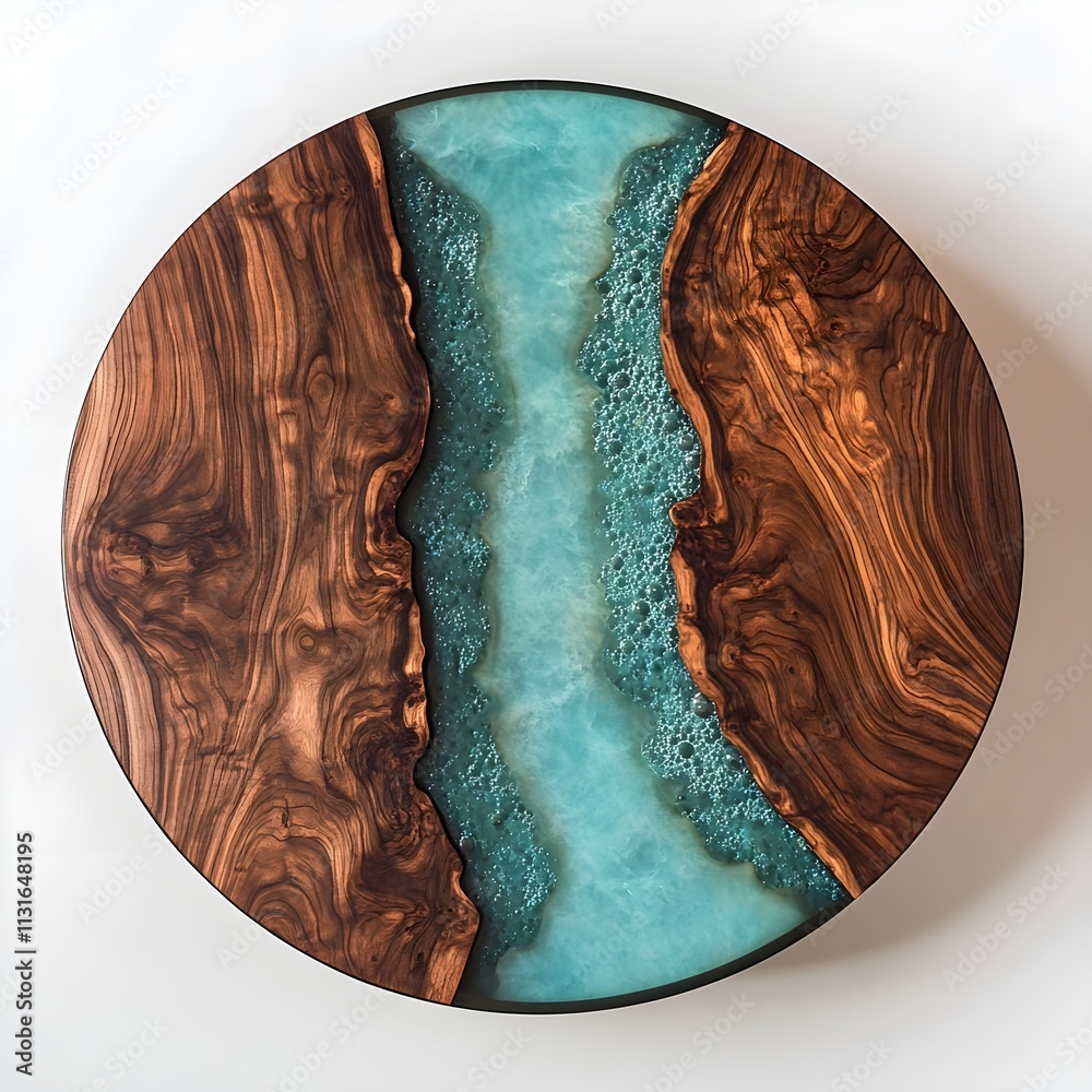 A circular walnut river table featuring a luminous turquoise epoxy ...