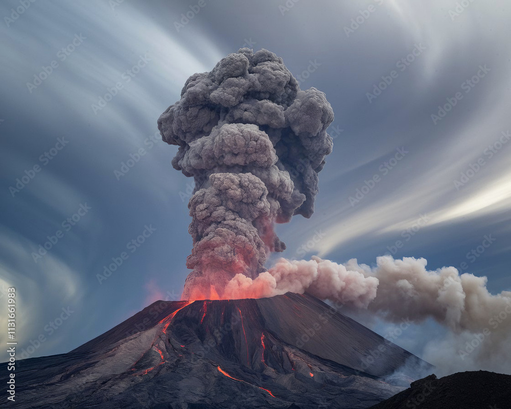 volcanic eruption, with a large plume of ash and smoke rising from the crater Stock Photo ...