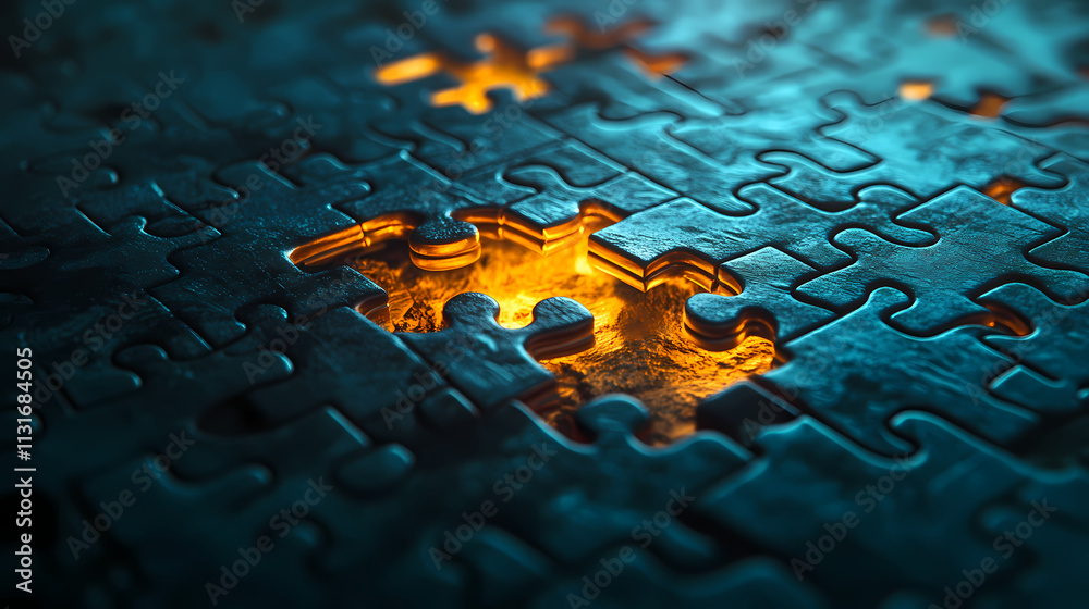 A puzzle with missing pieces, but the remaining pieces glowing and ...
