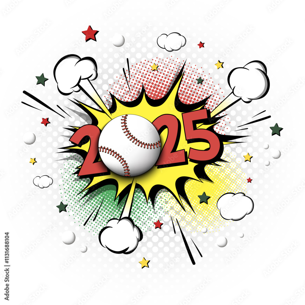 New Year numbers 2025 and baseball ball in pop art style. Comic text on ...