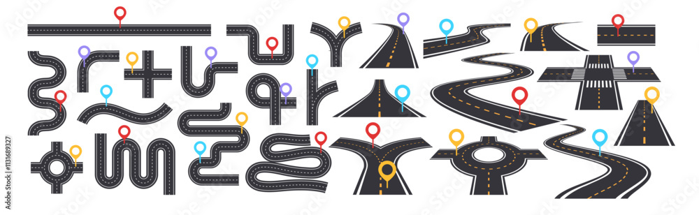 Asphalt road path set. Icons of highways, streets and crossroads with ...