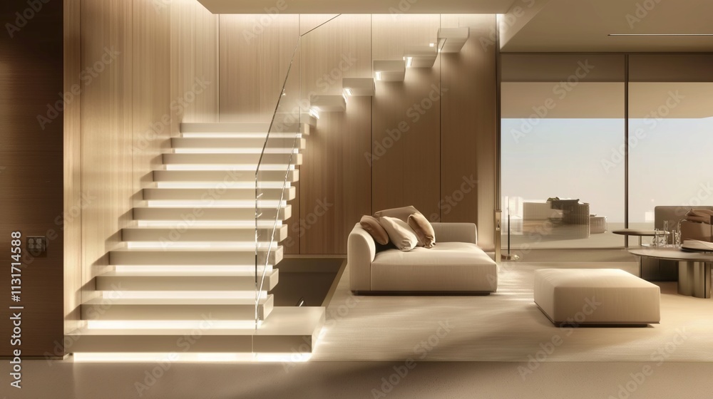 Modern interior featuring a floating staircase with under-step LED ...