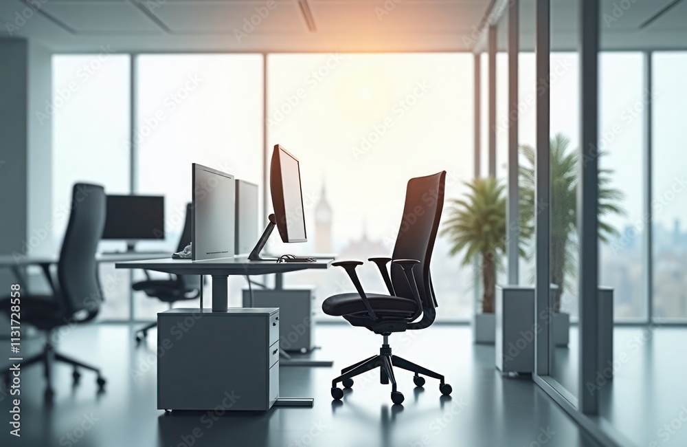 Modern office cubicle with computer monitor, black chair. Empty ...