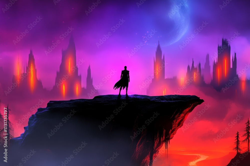 A pixel art depiction of a hero standing on a cliff, looking over a ...