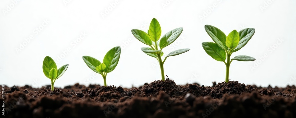 Young plants grow in soil. Different growth stages of small plants ...