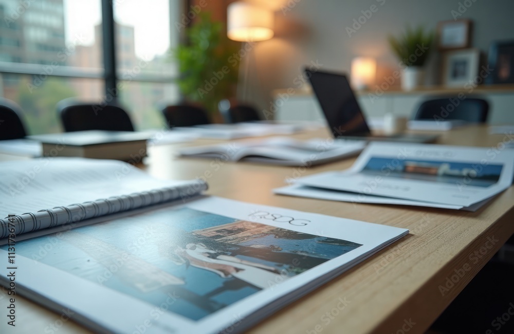 Printed product catalogs, marketing materials laid out on conference ...