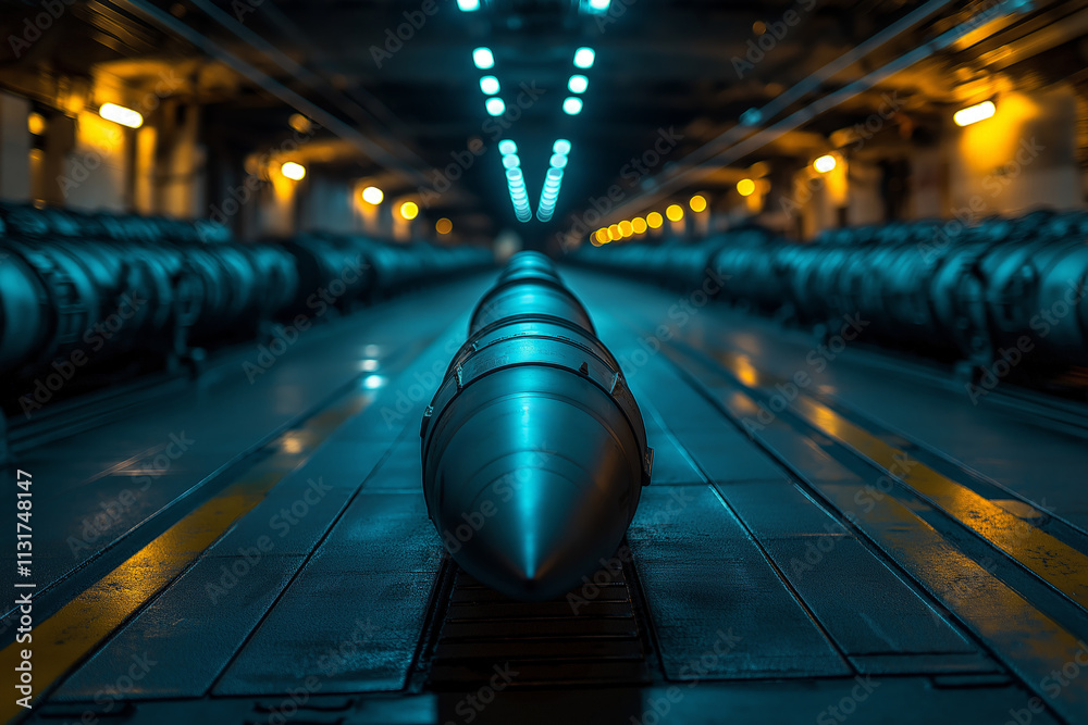 Stockpile of missiles stored in industrial warehouse setting Stock ...