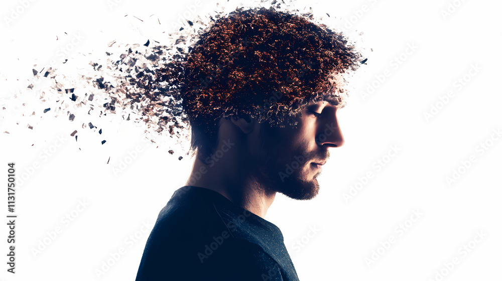 Side profile of a sad man losing parts of head as symbol of decreased ...