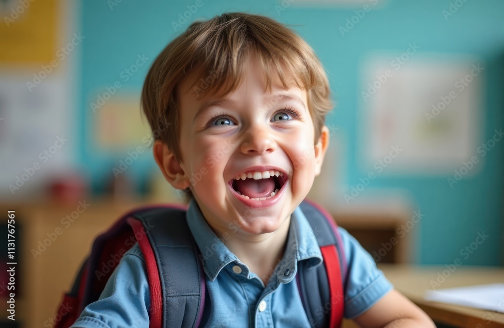 Happy child laughs joyfully in classroom. Kid wears backpack. Scene in ...