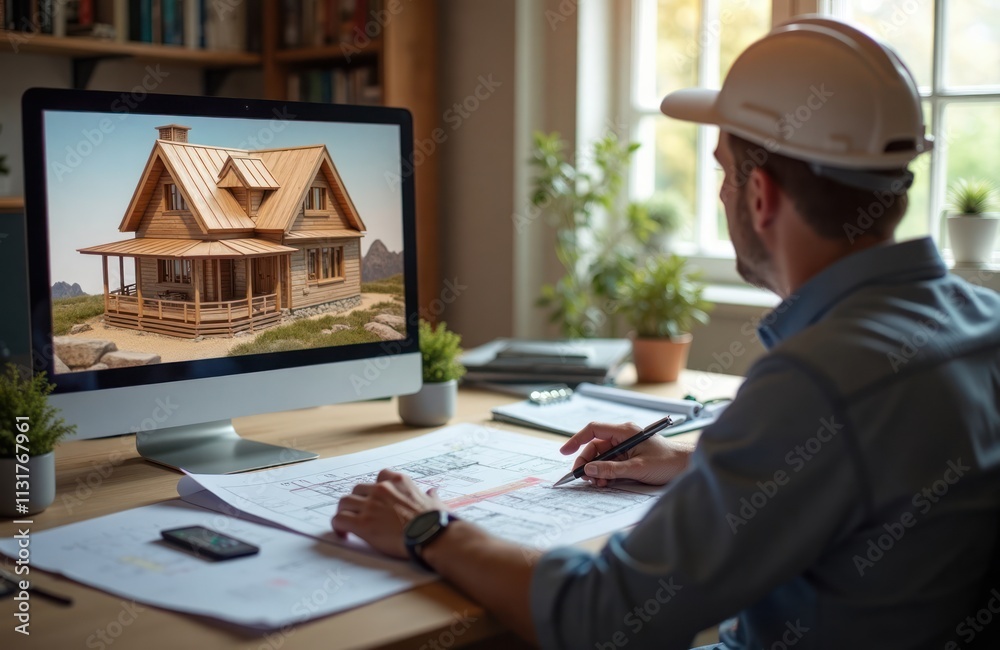 Architect reviews wooden house 3D model, blueprints. Expert analyzes ...