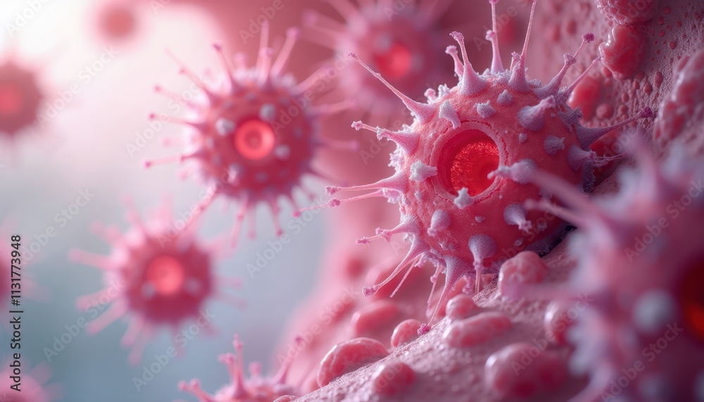 Microscopic view shows intricate details of breast cancer cells. Pink ...