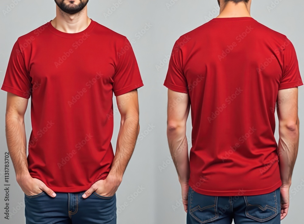 Ilustración de Stock Red t-shirt mockup front, back views. Man wears ...