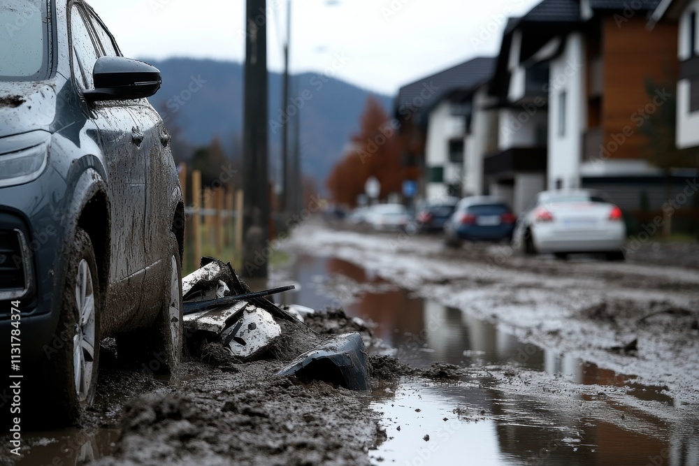This photo reveals muddy pathways cluttered with parked cars ...