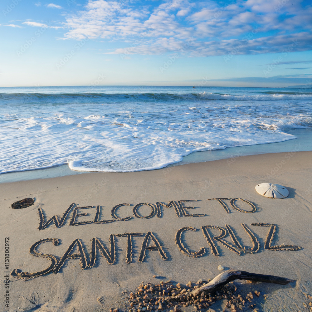 Welcome to Santa Cruz written in the sand on the beach with surf and ...