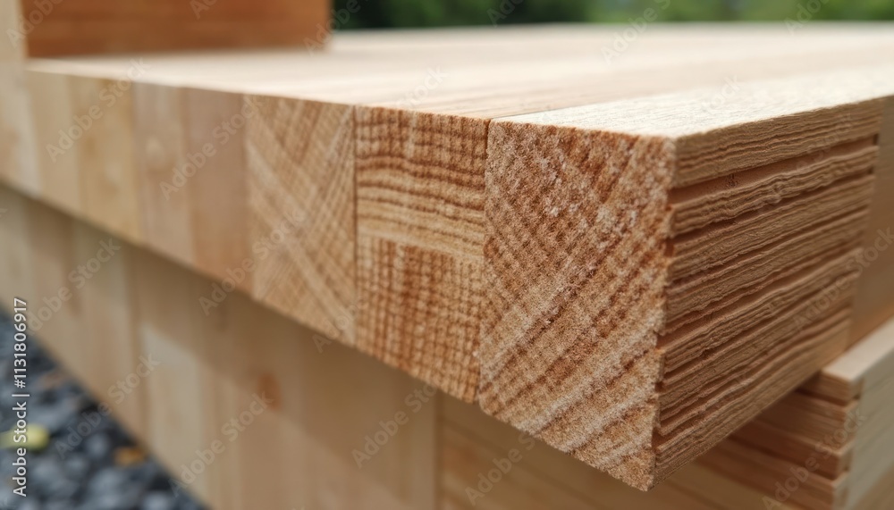Close-up view of cross-laminated timber CLT panel. Visible wood layers ...