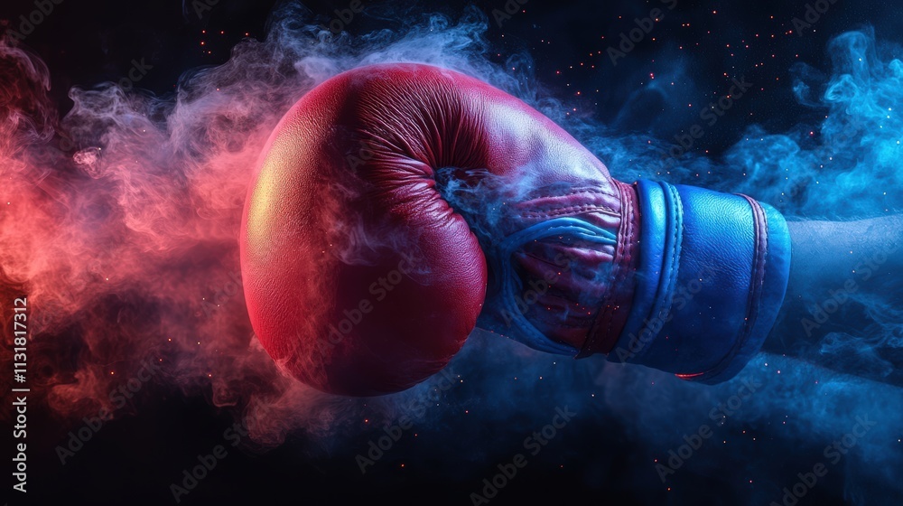 Boxing glove collide with explosive force amidst swirls of smoke ...