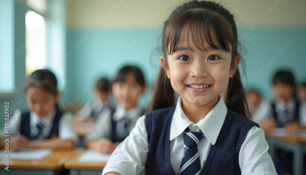 Cute Asian schoolgirl in uniform smiles at camera in classroom ...