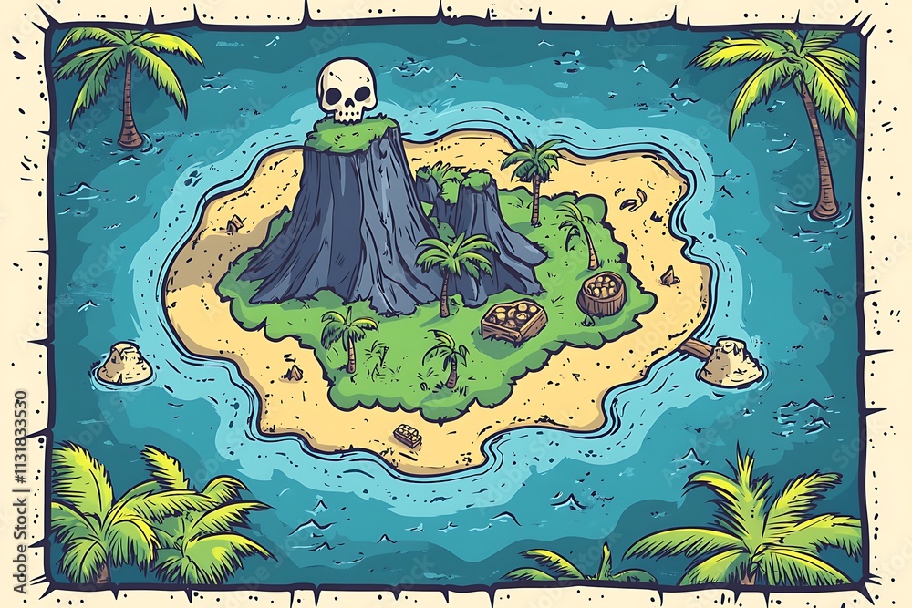 Cartoon pirate island map with skull, treasure chest, and palm trees ...