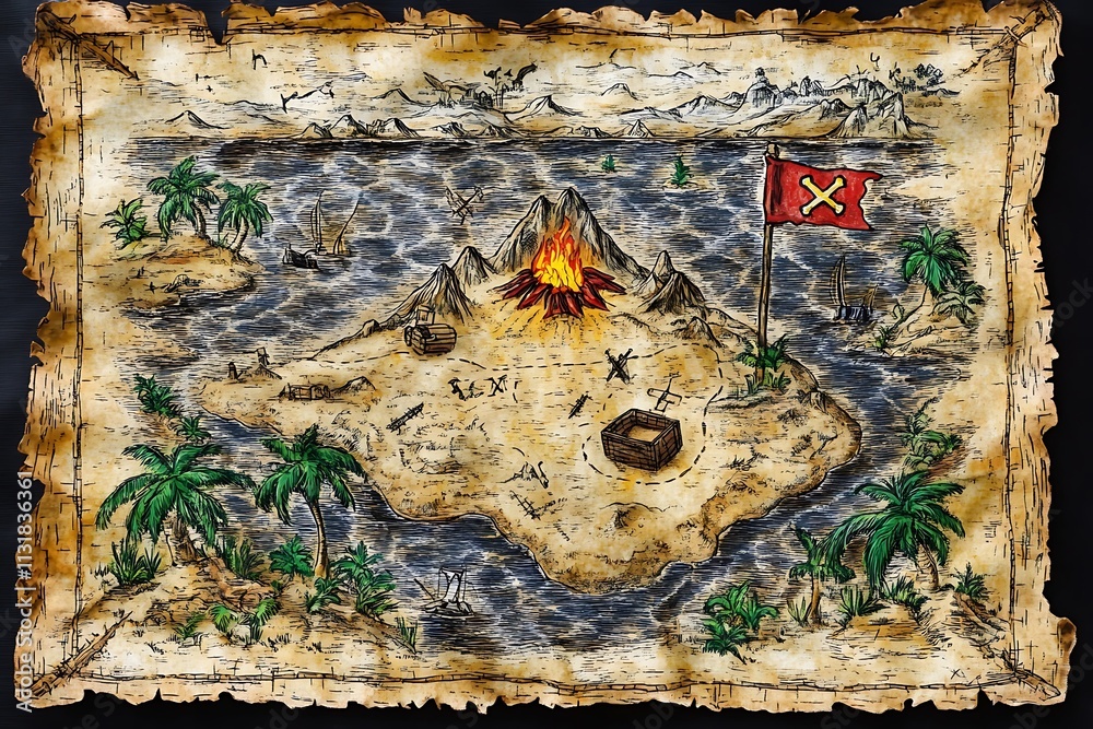 Treasure map illustration of volcanic island with pirate flag, chest ...