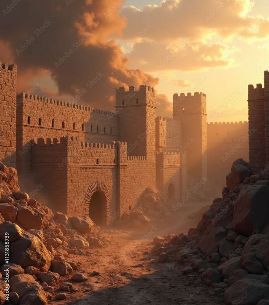 Ancient city walls crumbling at sunset. Ruined fortress gate shows ...