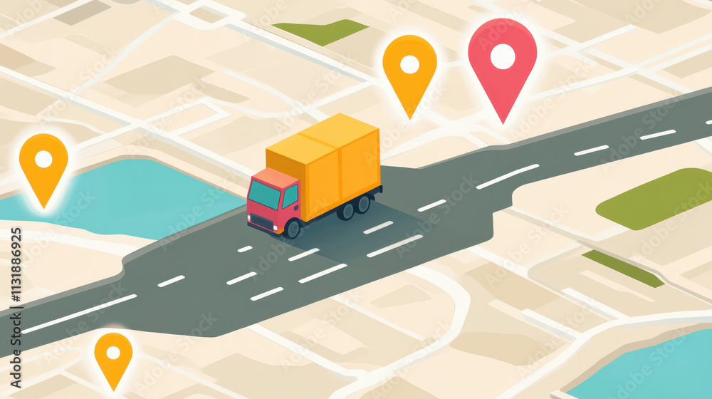 delivery truck navigates map with location markers, showcasing real ...