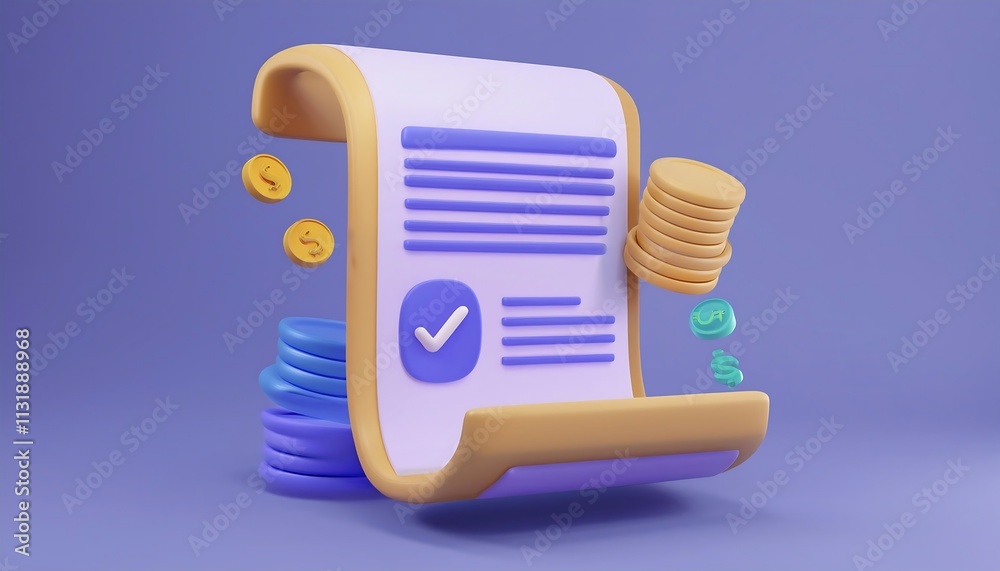 Receipt with checkmark and coin stacks, plus floating dollar symbol ...