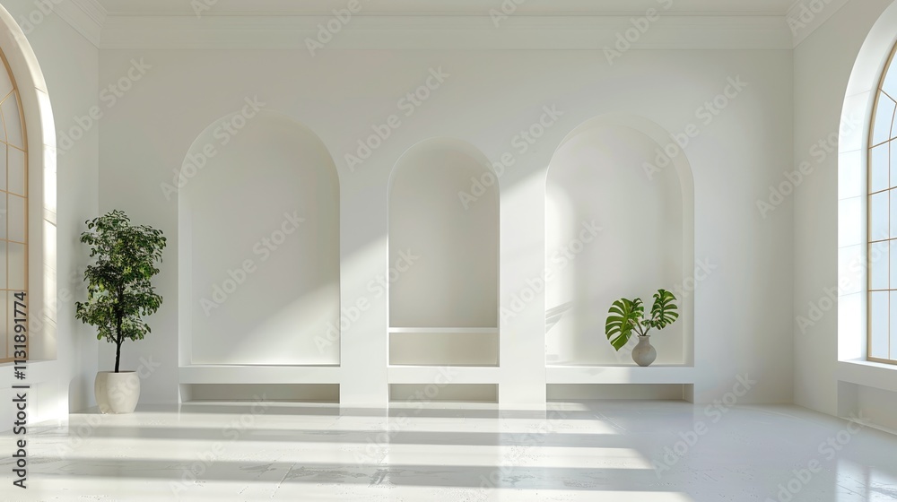 Interior of a modern living room with arch windows and shelf in a ...