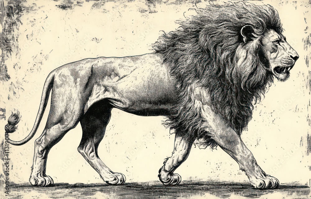 Majestic Lion Walking Illustration Classic Etching Black and White High ...