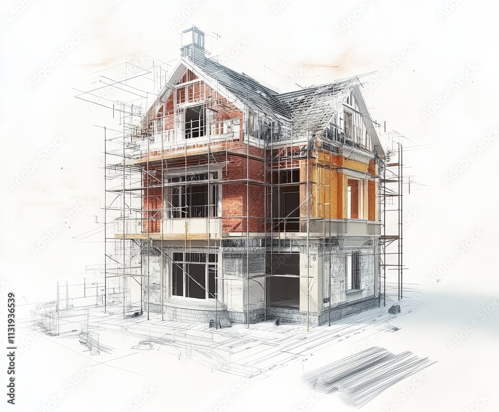 Architectural rendering of a two-story house under construction, shown ...