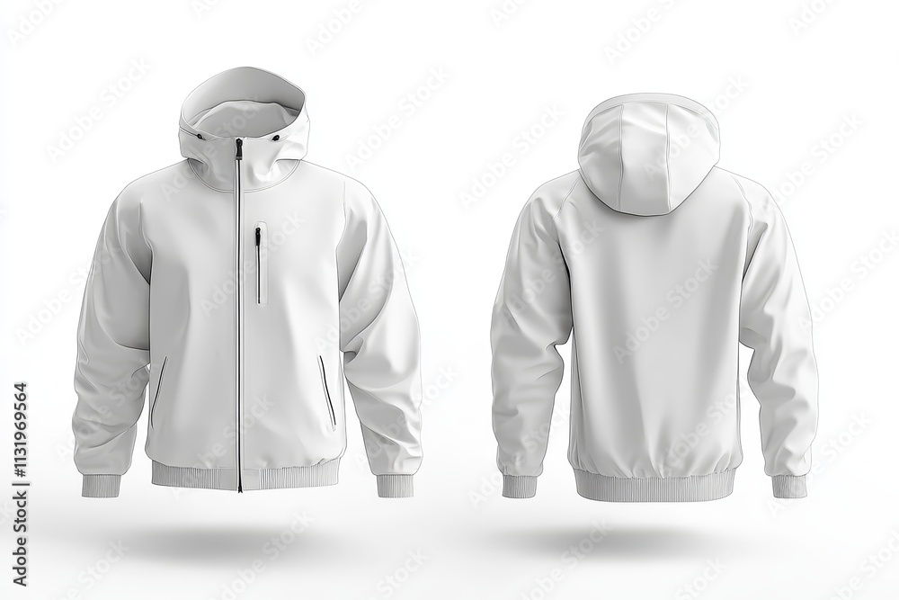 White hooded jacket mockup, front and back view, isolated on white ...