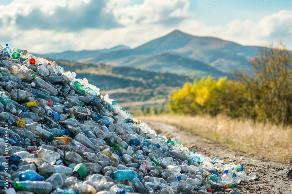 Mountains of discarded plastic bottles in nature environmental ...