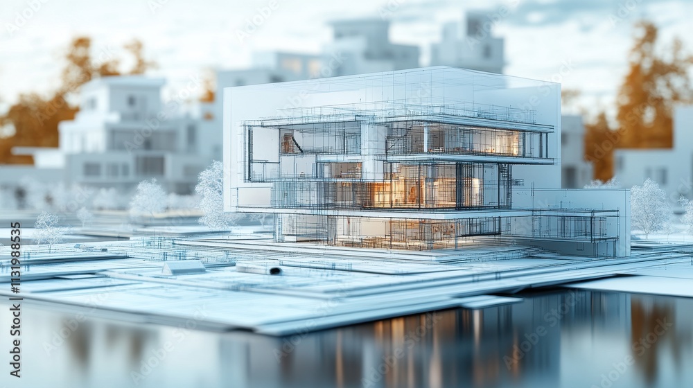 Wireframe model of a modern house, showing interior and exterior design ...