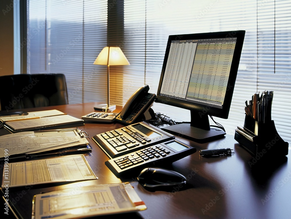 A modern home office setup with a calculator, open spreadsheets, and ...